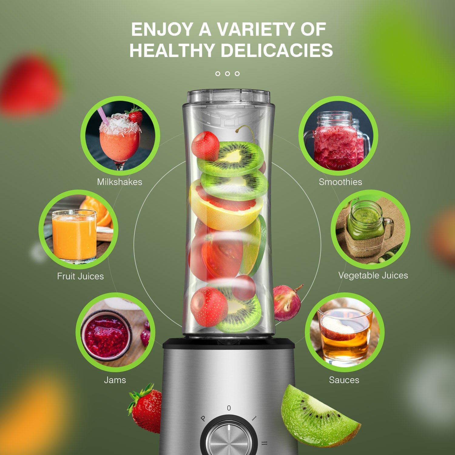 Blender Smoothie HadinEEon, 3 viteze, Fara BPA, 300W, Otel inoxidabil ...