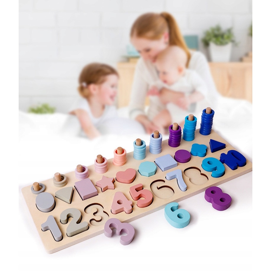 Set puzzle 3 in 1, Numere si forme, Lemn, Multicolor - eMAG.ro