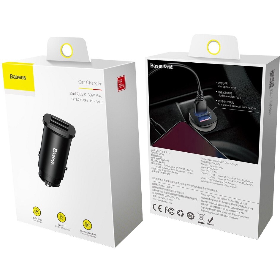 Incarcator auto Baseus USB BS-C15Q, 2 X USB, Quick Charge, 30W, Negru ...