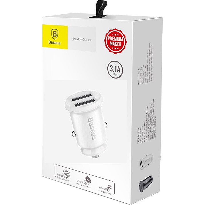 Incarcator auto Baseus Grain USB, 2 X USB, 3.1A, Alb - eMAG.ro