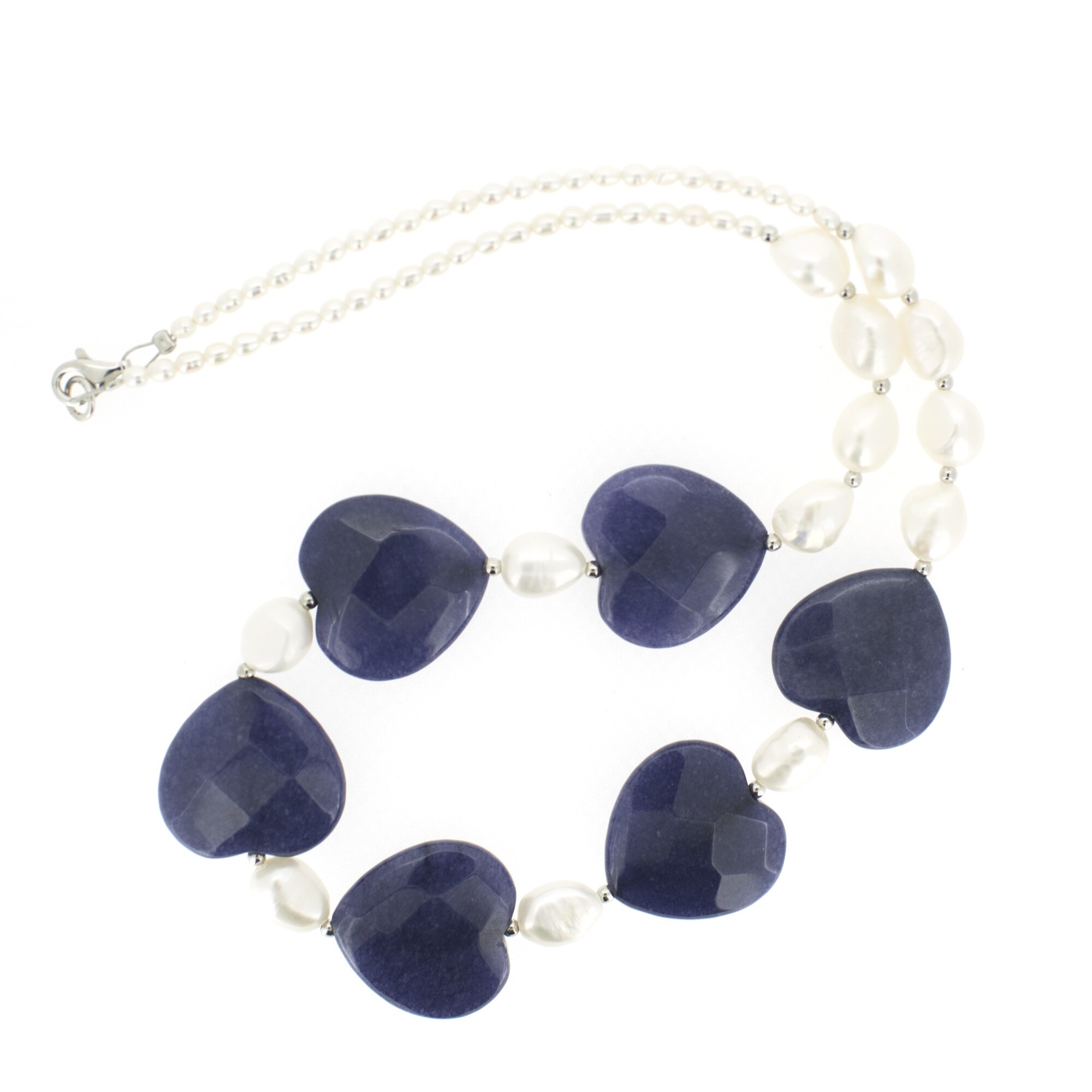 Colier jad inima colorat albastru 25x25 mm, perle albe de apa dulce 3-9 ...