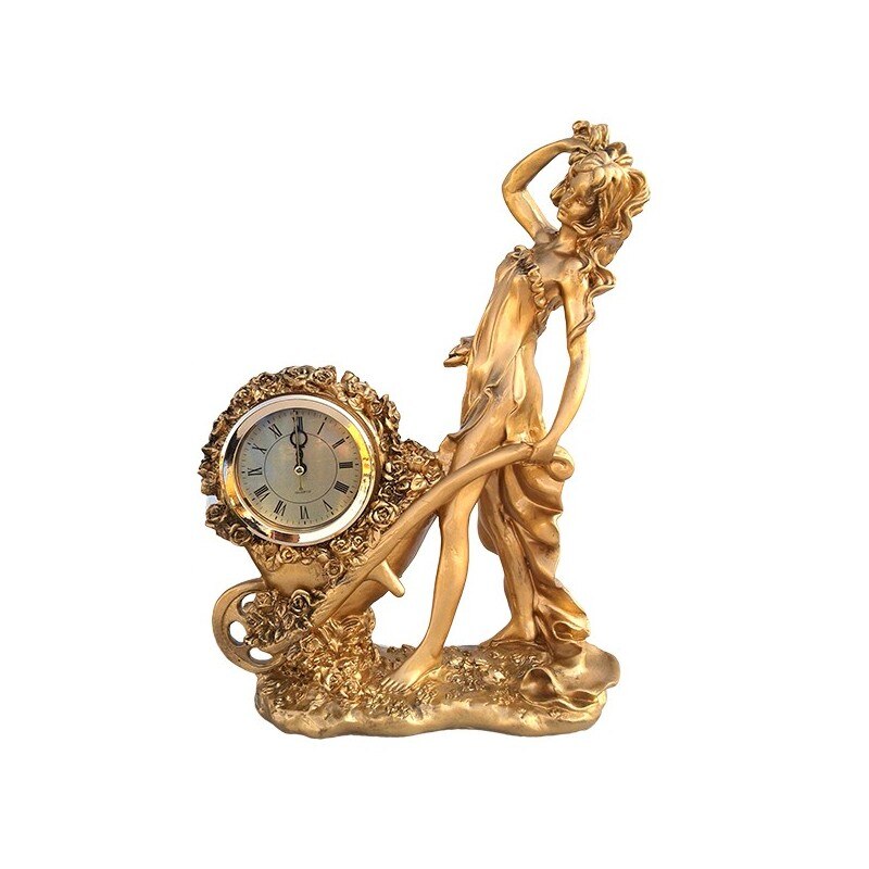 Statueta din rasina reprezentand o tanara cu o roaba cu flori si ceas ...