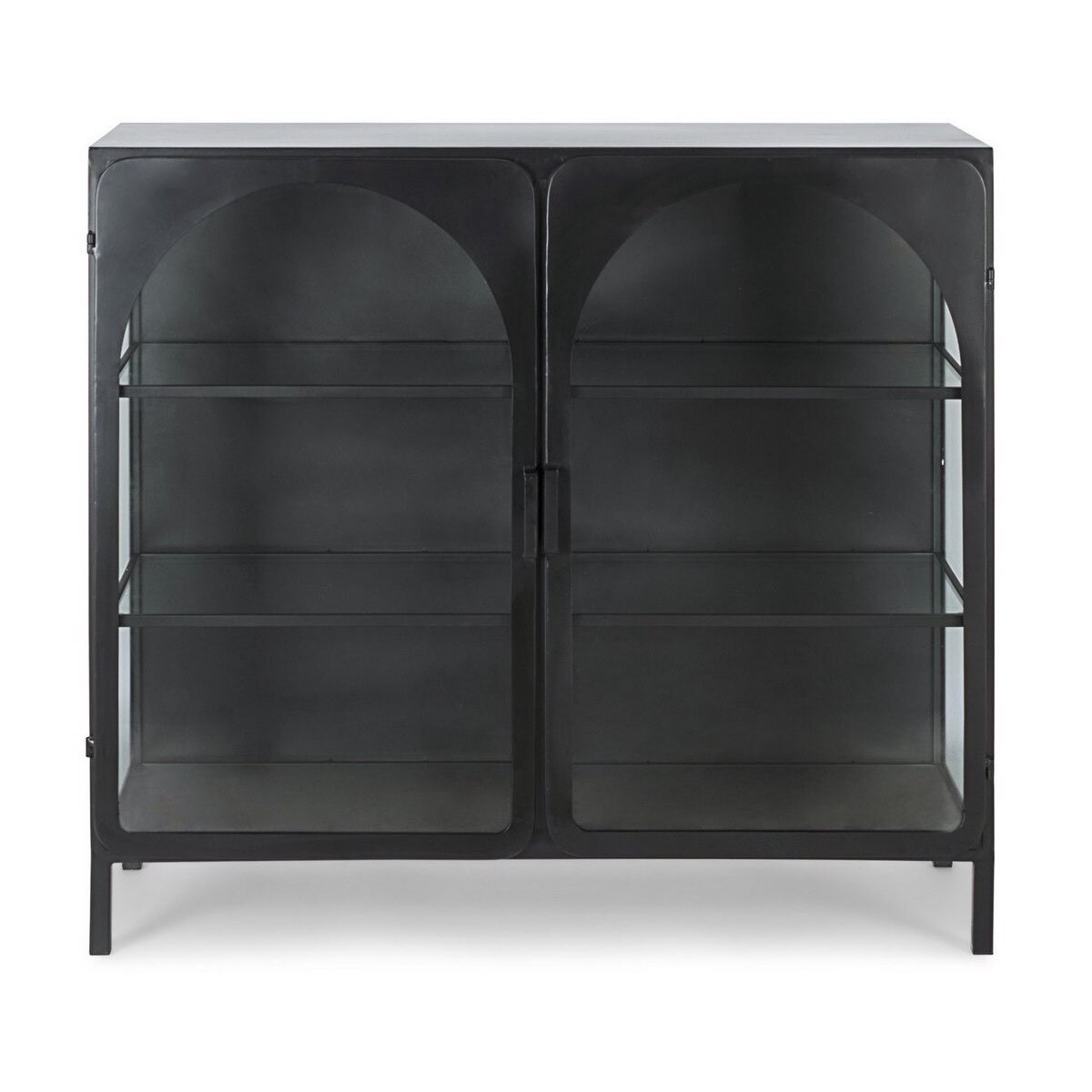 Comoda cu 2 usi 3 polite din fier negru si sticla Nerissa 111 cm x 46 ...