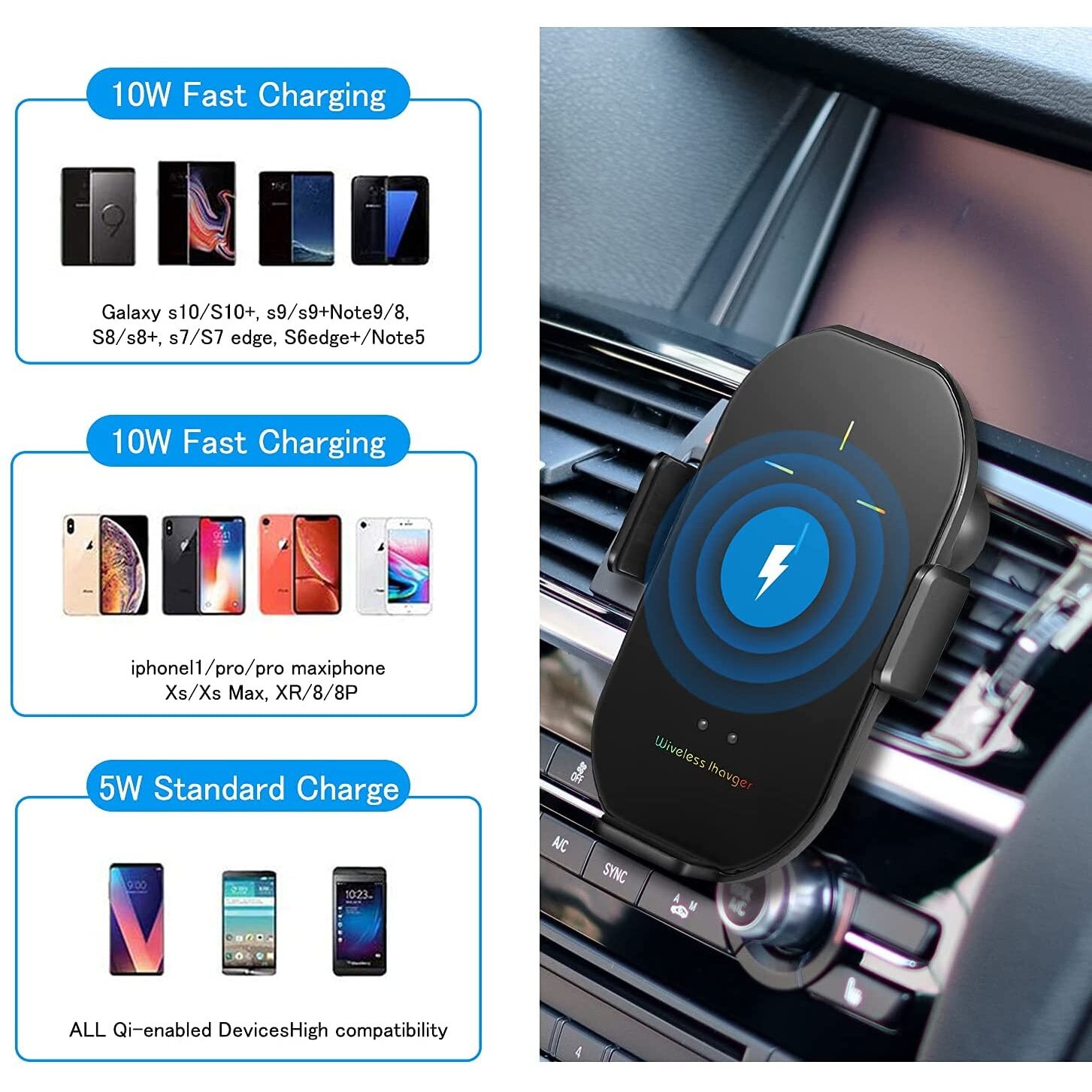 Incarcator telefon auto fara fir cu suport,10W Qi Incarcare rapida ...