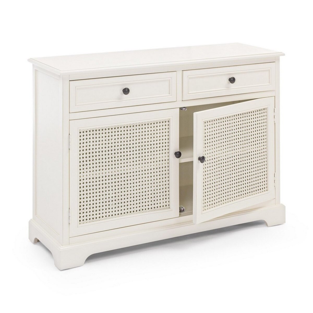 Comoda cu 2 sertare 2 usi din lemn alb si insertii rattan Amabel 100 cm ...