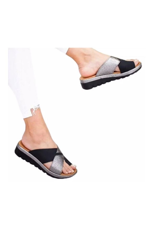 Slapi Dama din piele ecologica, cu detalii aurii, Negru/Argintiu, 38 ...