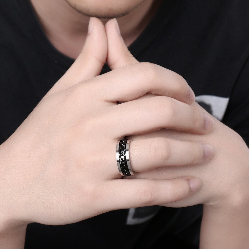 Inel elegant din otel inox cu lant rotativ Nevermore®, Negru, Marimea ...