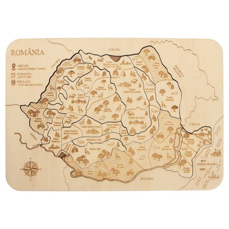 Puzzle cu harta unitati de relief Romania din lemn 13 piese 29 cm x 20 ...