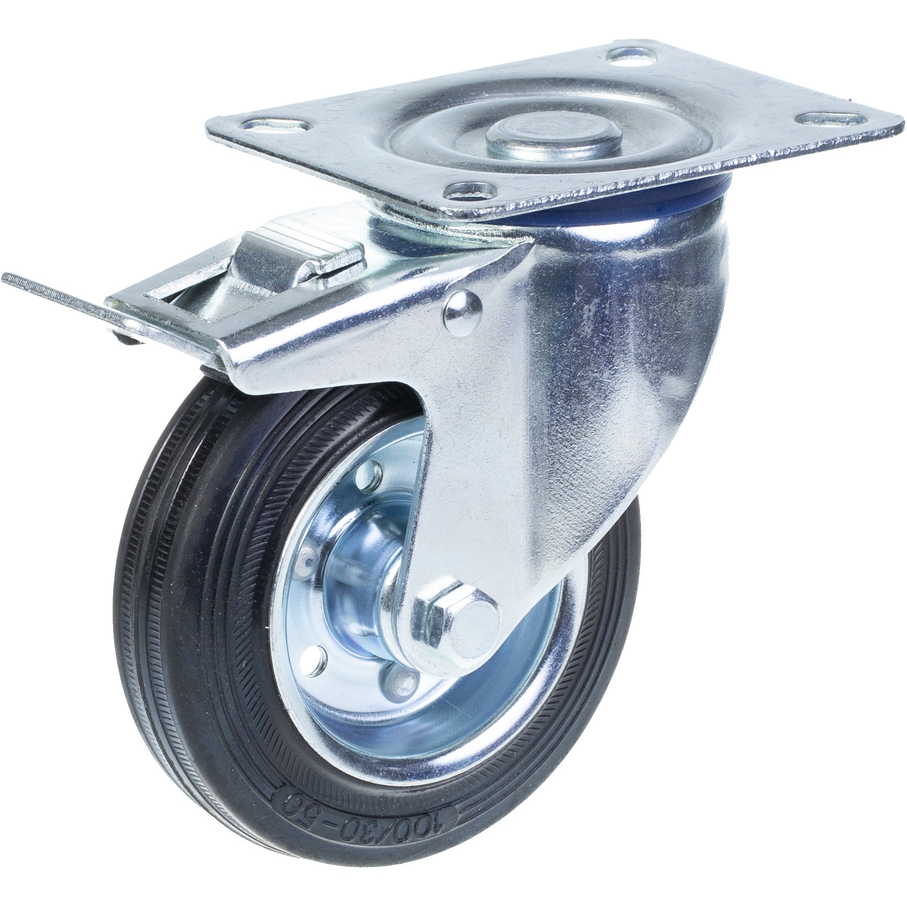 Set 4 roti pivotante cu frana din cauciuc, Centru de rulment din otel ...