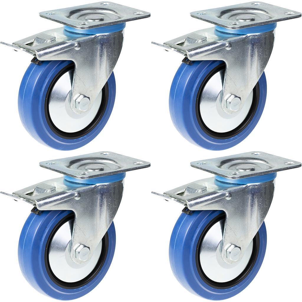 Set 4 roti pivotante cu frana din cauciuc, Centru din nylon, Rulment cu ...