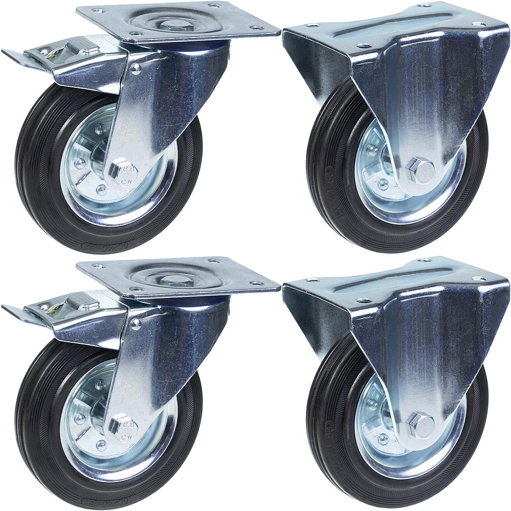 Set 4 roti cu cauciuc solid, 2 fixe/2 pivotante cu frana, Centru din ...