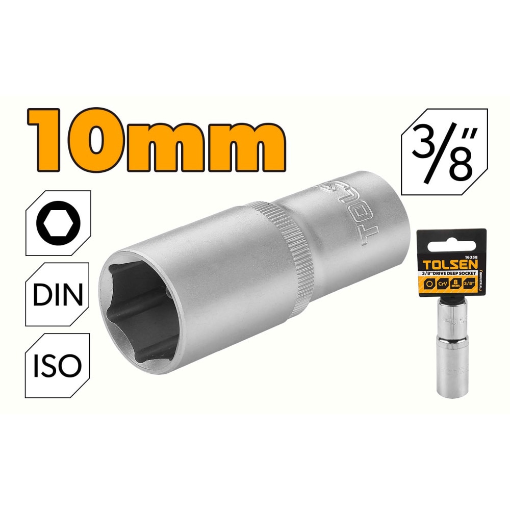 Cheie tubulara adanca de 3/8" Cr-V 10 mm, Industrial, Tolsen - eMAG.ro