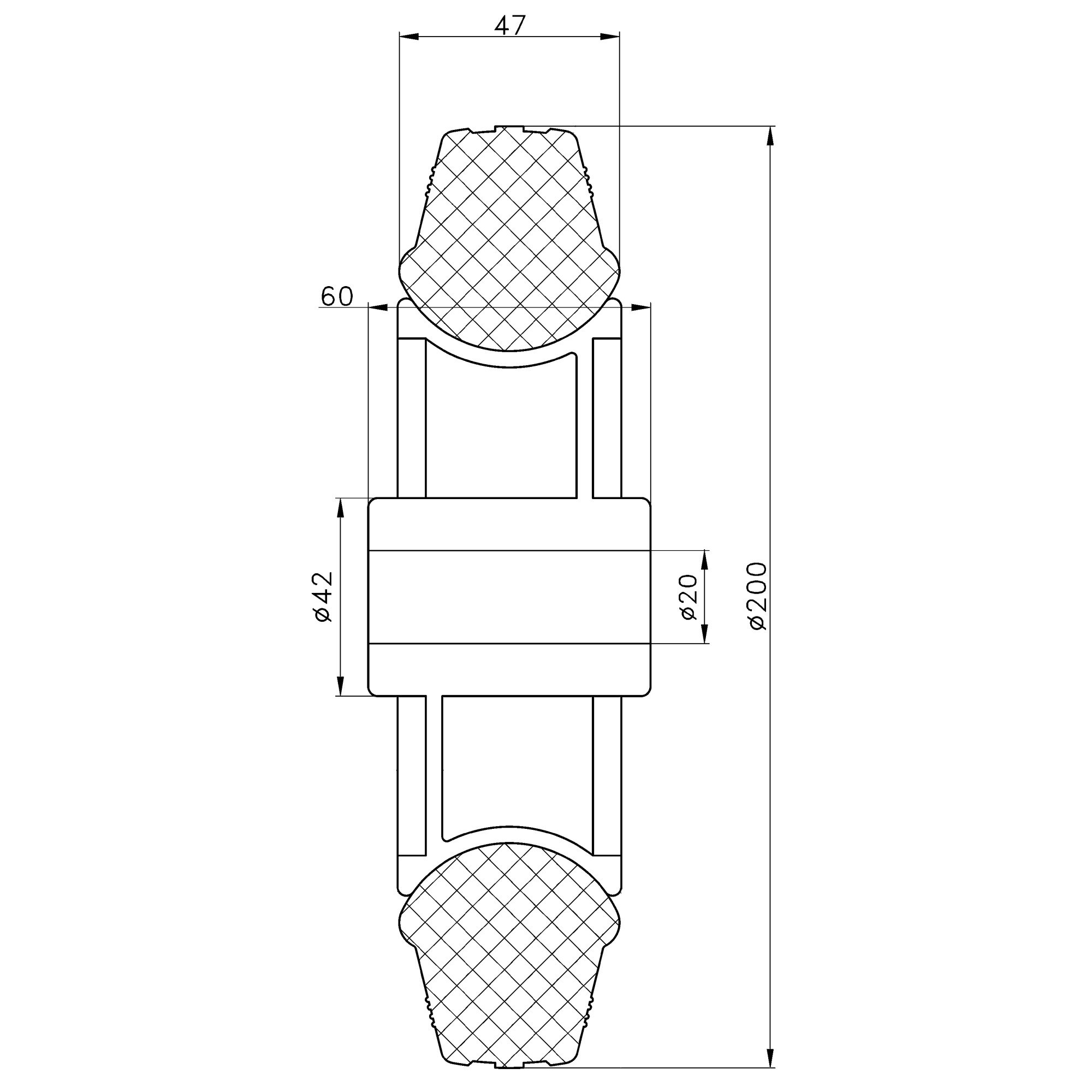 Roata cu anvelopa din cauciuc, Centru din plastic, Rulment simplu, 205 ...