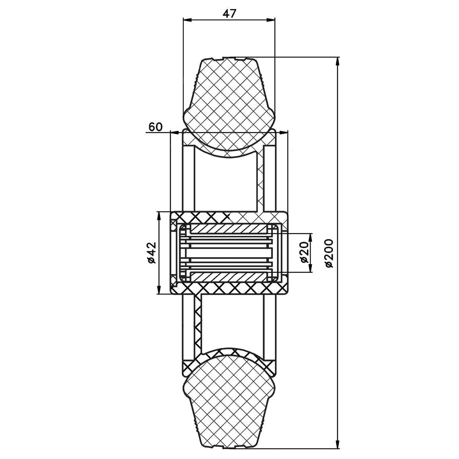 Roata cu anvelopa din cauciuc, Centru din plastic, Rulment cu role, 205 ...