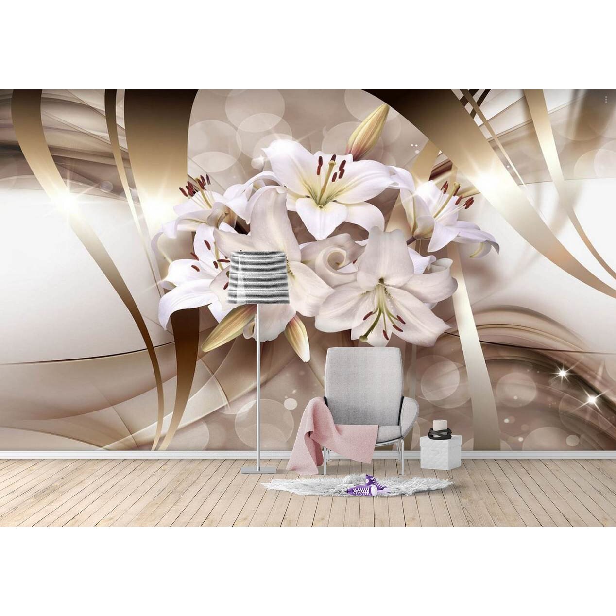 Fototapet, Crini albi pe un fundal maro, Fantezie, Abstractie, Floral ...