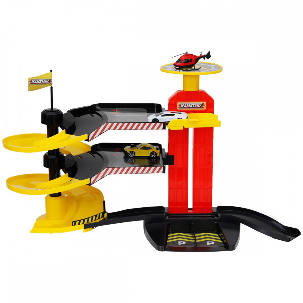 Set garaj auto cu 3 nivele teamsterz cu 2 masinute si un helicopter ...