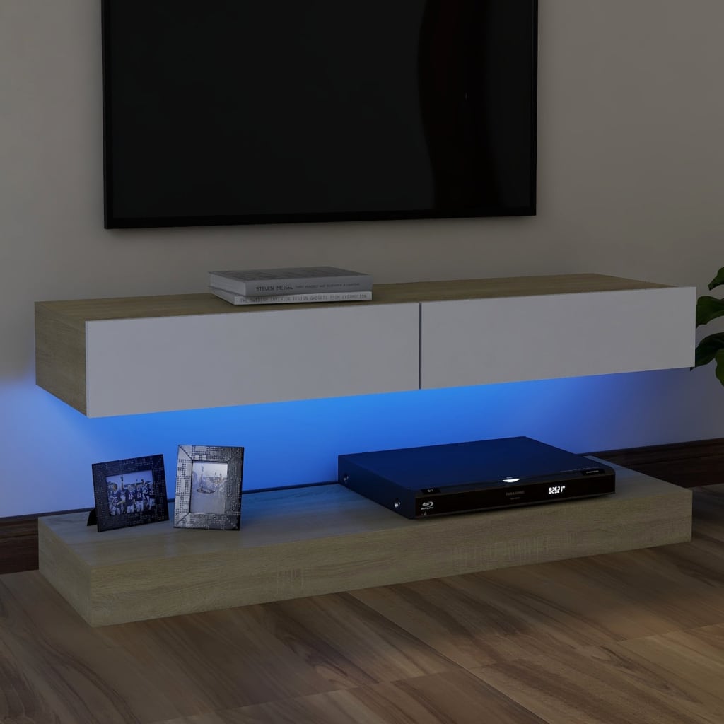Comoda TV cu lumini LED, vidaXL, PAL, 120 x 35 x 15,5 cm, Alb/Maro ...