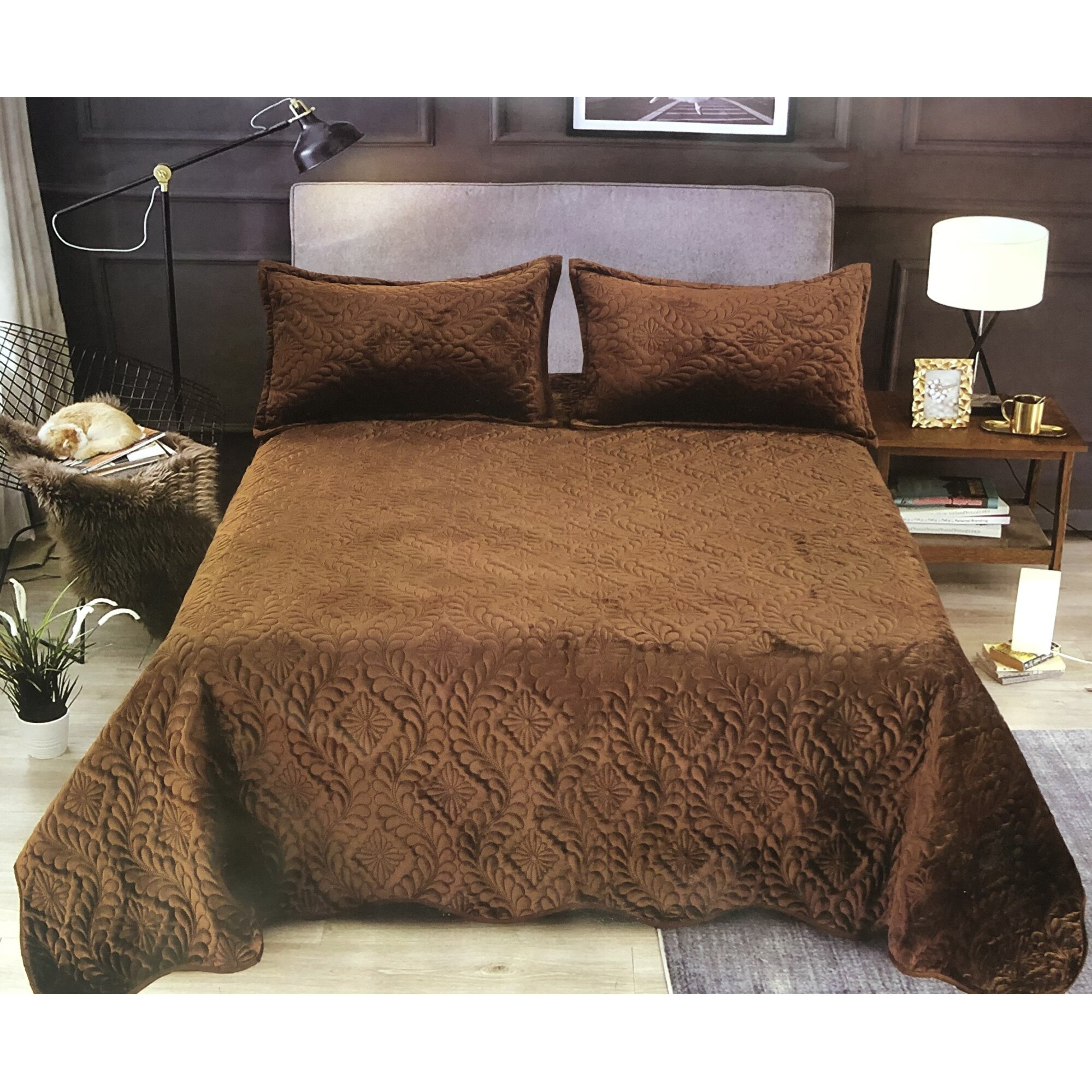 Set cuvertura catifea, Shop Like A Pro®, pentru 2 persoane, 3 piese, 1 cuvertura Si 2 fete perna ...