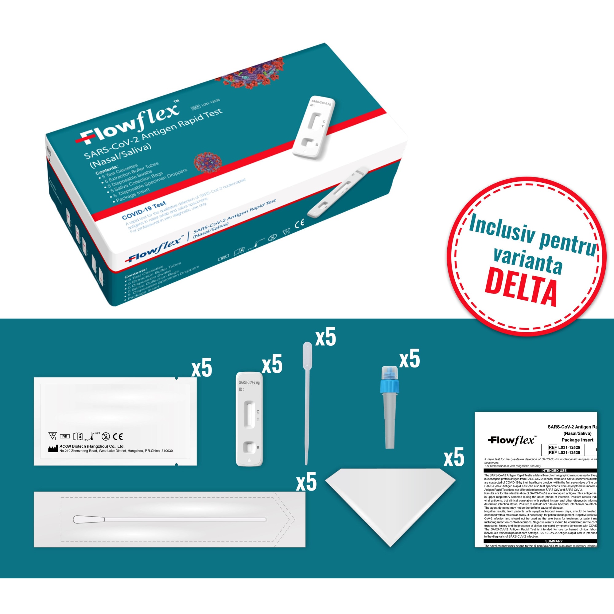 Set 5 Teste Rapide Antigen 2 in 1 Saliva/Nazal COVID-19, Flowflex, Acon ...