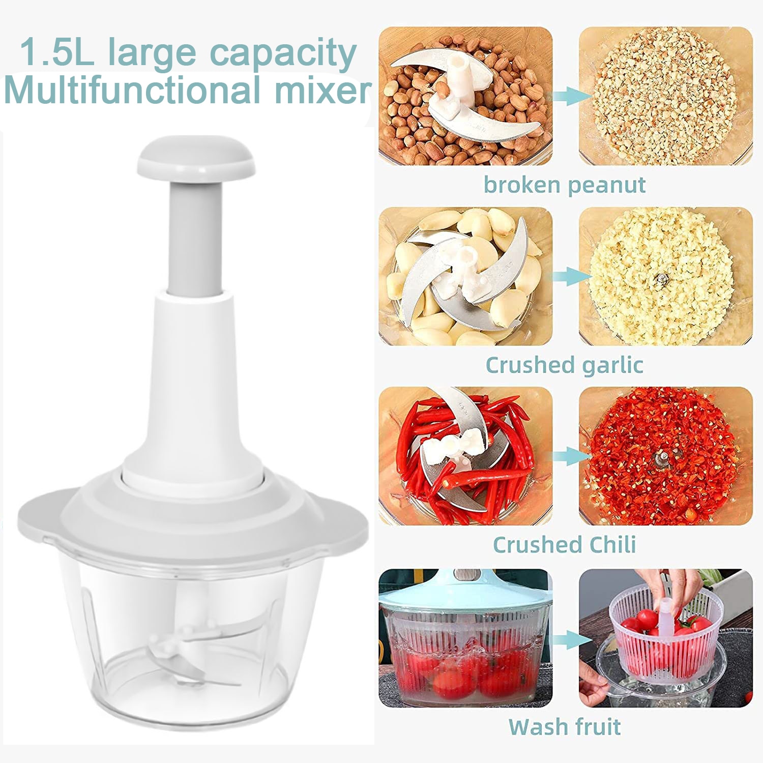Tocator manual pentru legume si fructe, AEYTLOI, Inox, 1.5l, Alb - eMAG.ro