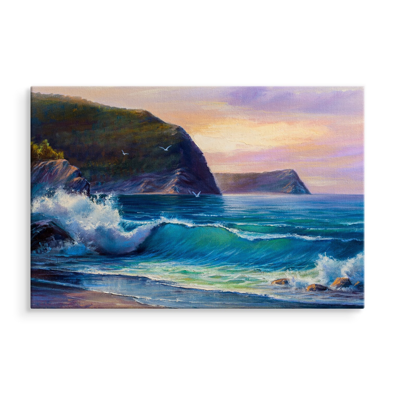 Tablou pentru sufragerie mare valuri munti pescarusi plaja 90cm x 60cm ...