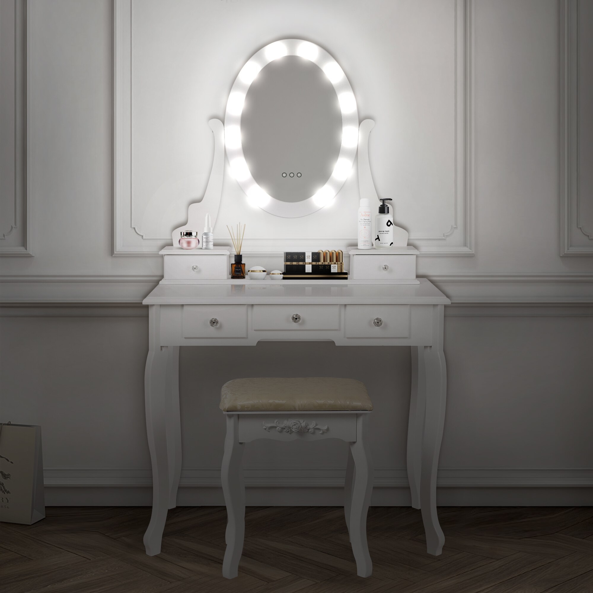 Set masa make-up cu oglinda cu touch, ML-Design, 80 x 129 x 40 cm, alba ...