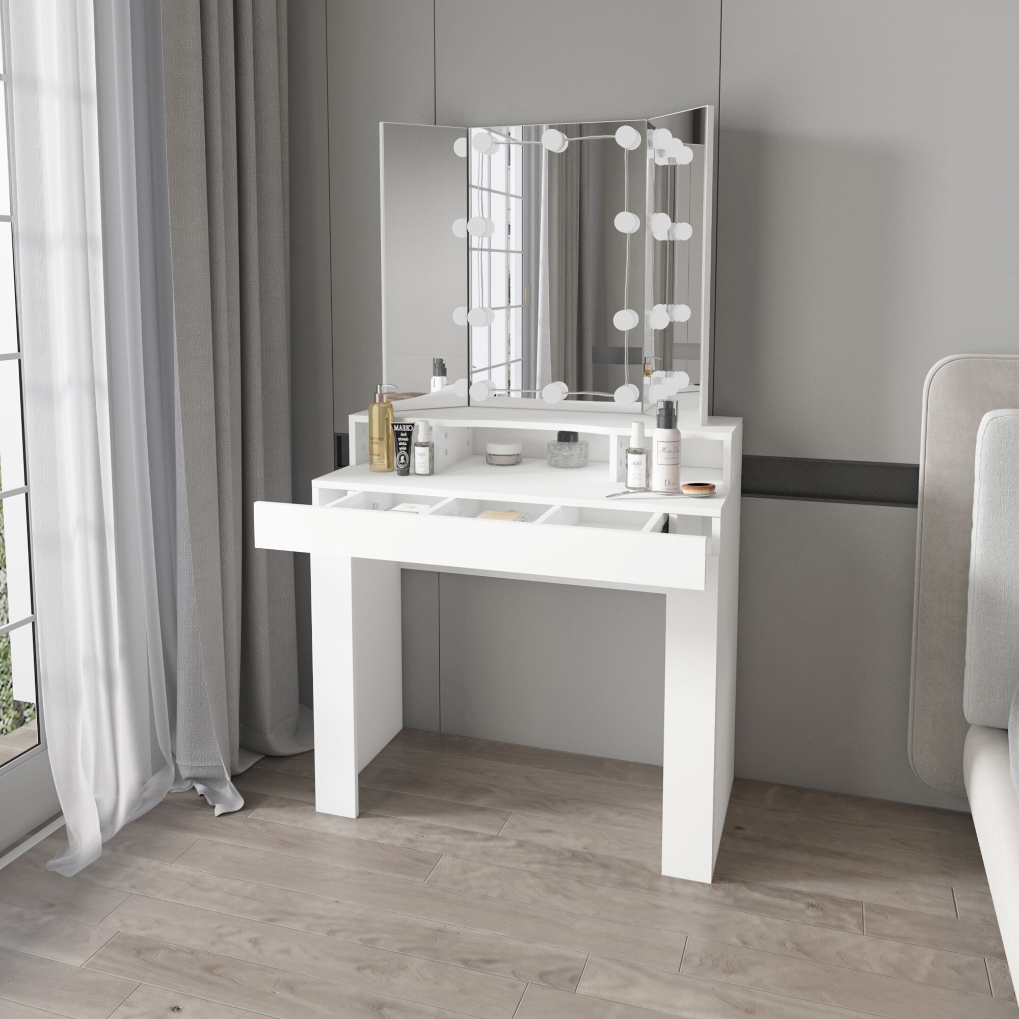 Masa de toaleta/ machiaj, ML Design, 89,5 x 155 x 43,5 cm, PAL, alb ...