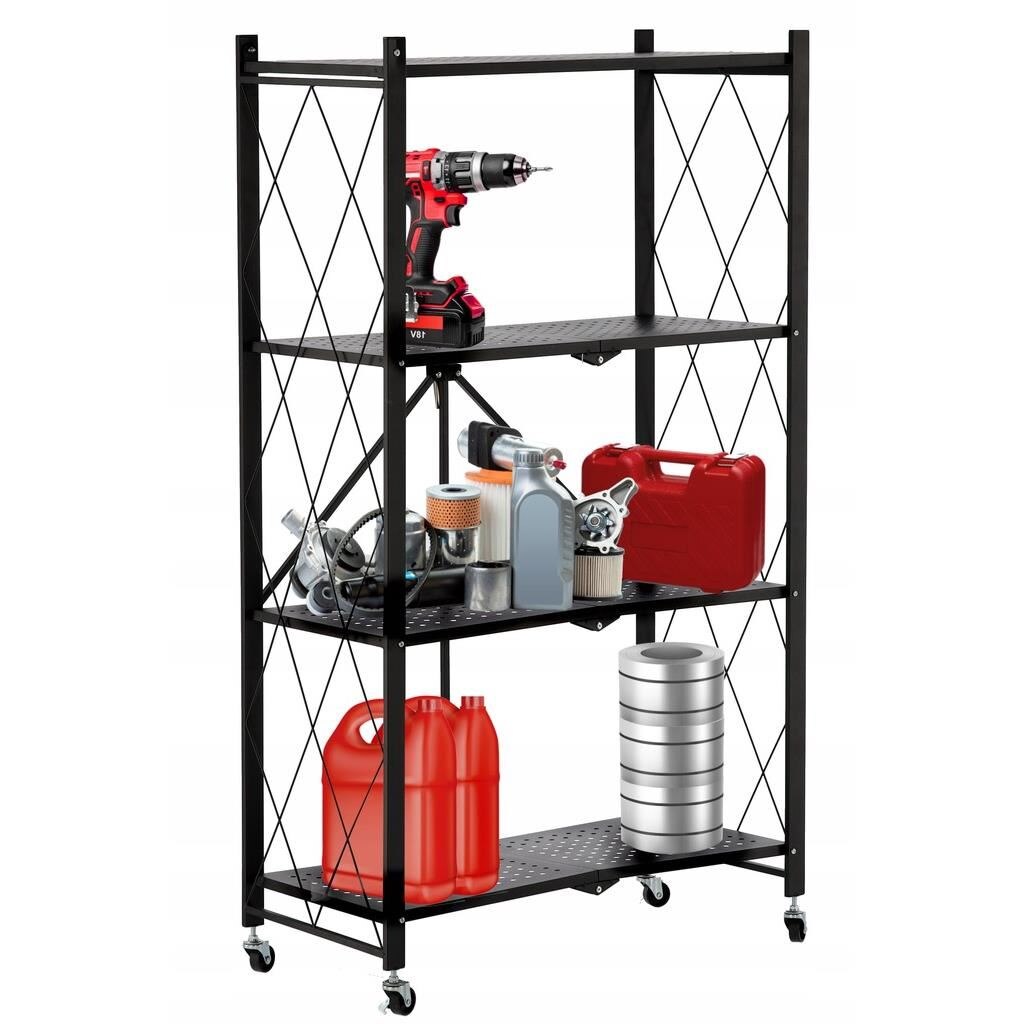 Raft depozitare, metalic, pliabil, pe roti, 4 polite, negru, 50 kg ...