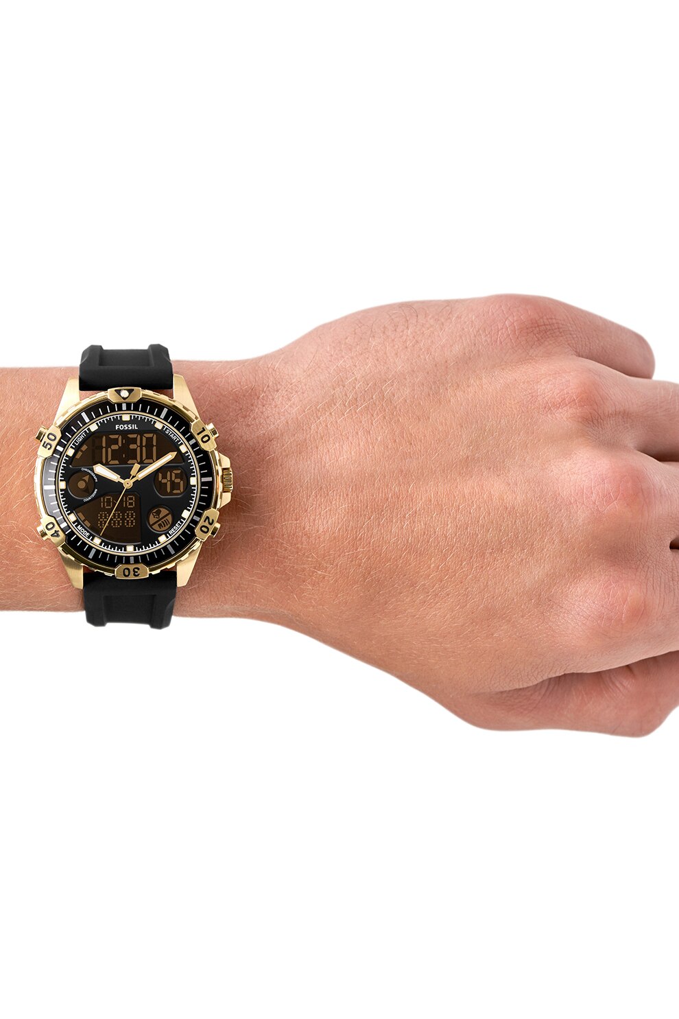 Fossil, Ceas digital analog cu detaliu logo, Negru/Auriu - eMAG.ro