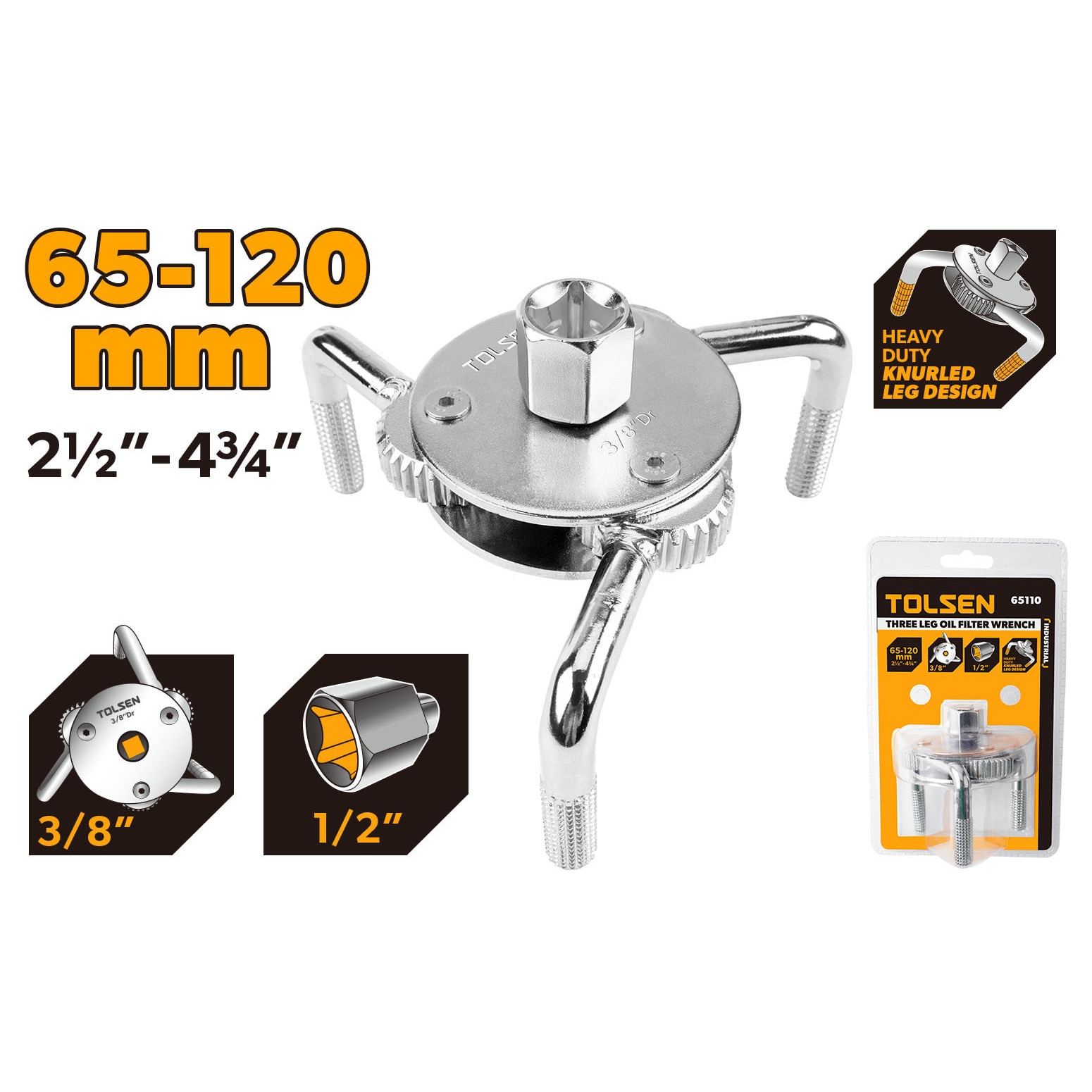 Cheie filtru ulei TOLSEN cu 3 brate, 65-120mm, Otel carbon tratat ...