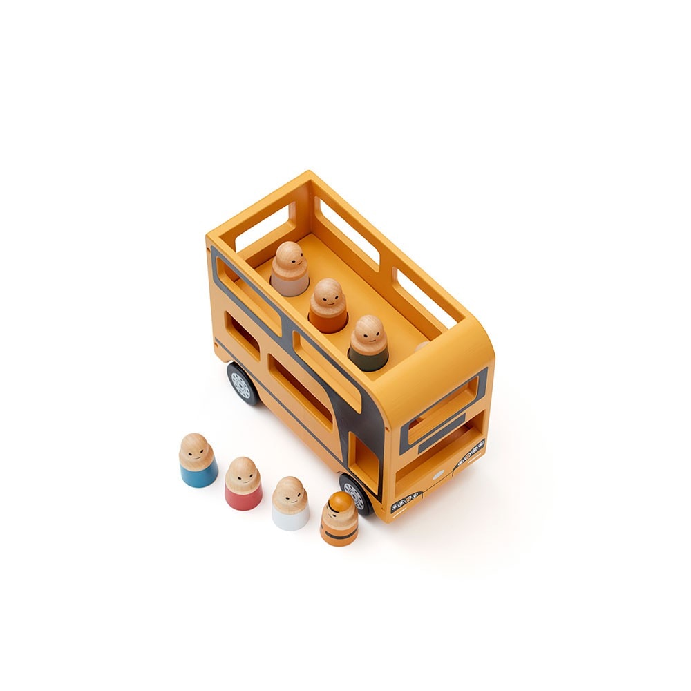 Set Autobuz Kids Concept, Double decker bus, Din lemn, Galben, 9 piese ...