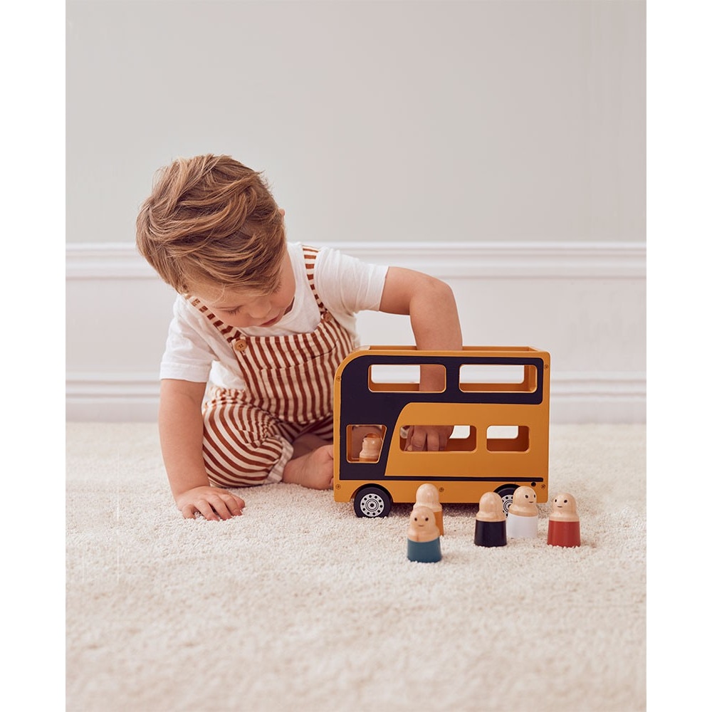 Set Autobuz Kids Concept, Double decker bus, Din lemn, Galben, 9 piese ...
