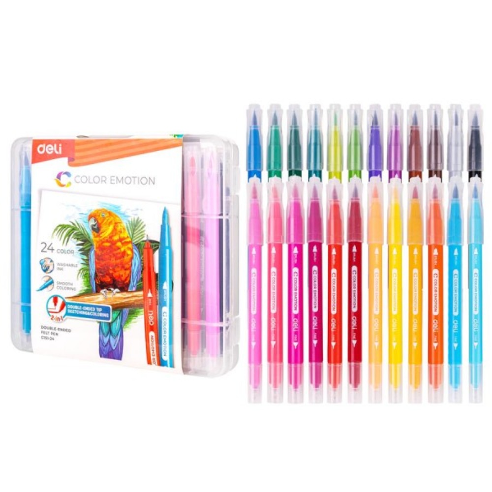 Set de 24 Carioci cu Varf Dublu Fin/Pensula, Deli Color Emotion, Culori ...