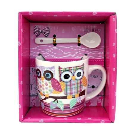 Cana cu lingurita 2 bufnite roz - eMAG.ro