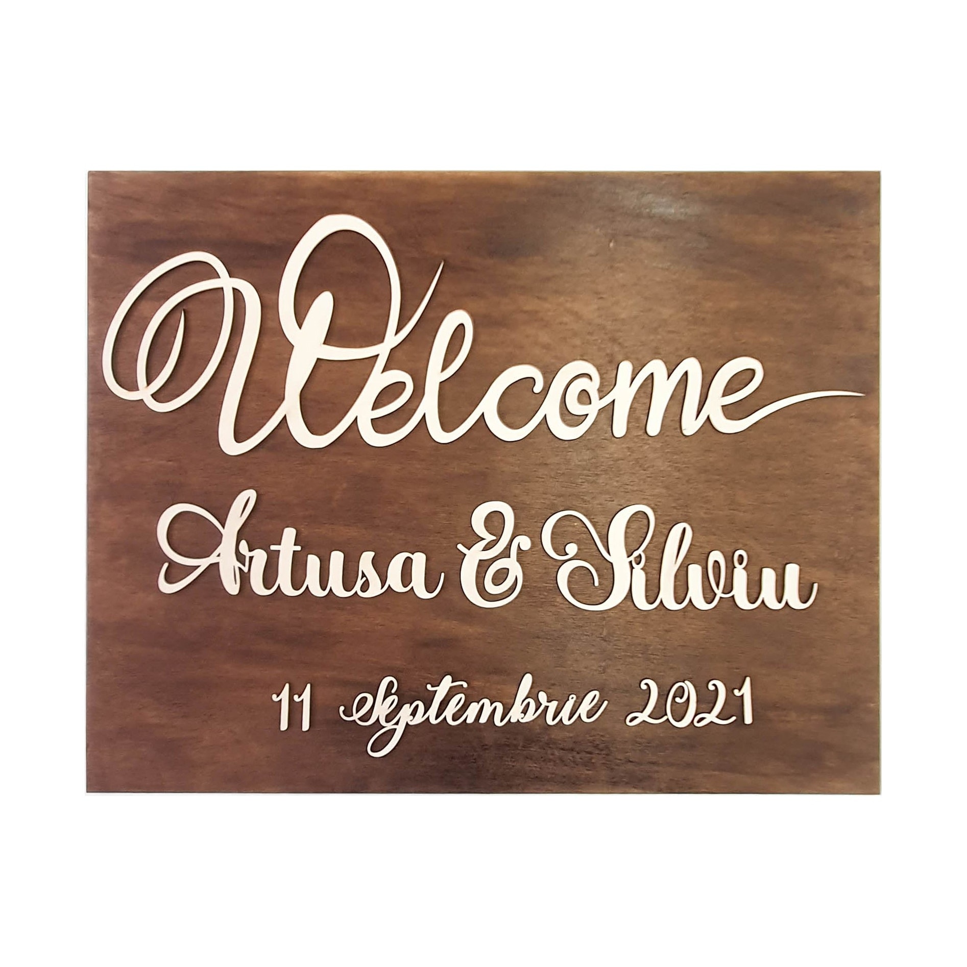 Panou Welcome nunta personalizat, lemn de plop, maro, 70*55 cm - eMAG.ro