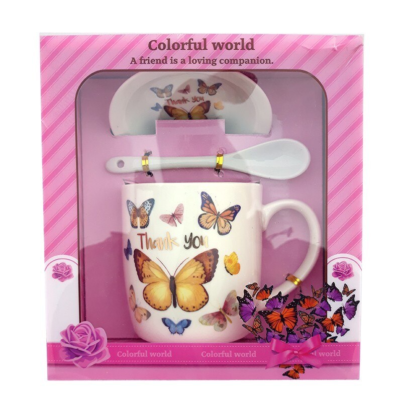 Set din ceramica format din cana cu fluturi desenati, cu capac si ...