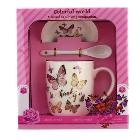 Set din ceramica format din cana cu fluturi desenati, cu capac si ...