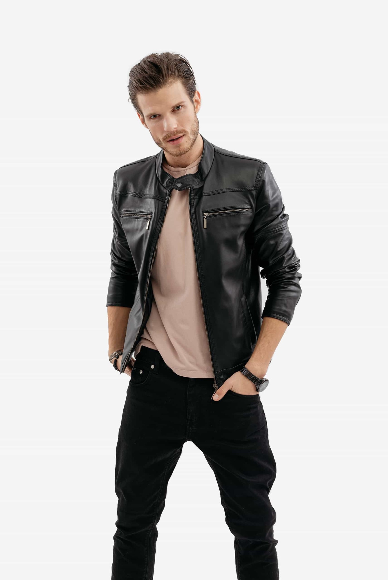 Geaca din piele naturala, Gerali, model Alin, negru, 46 - eMAG.ro