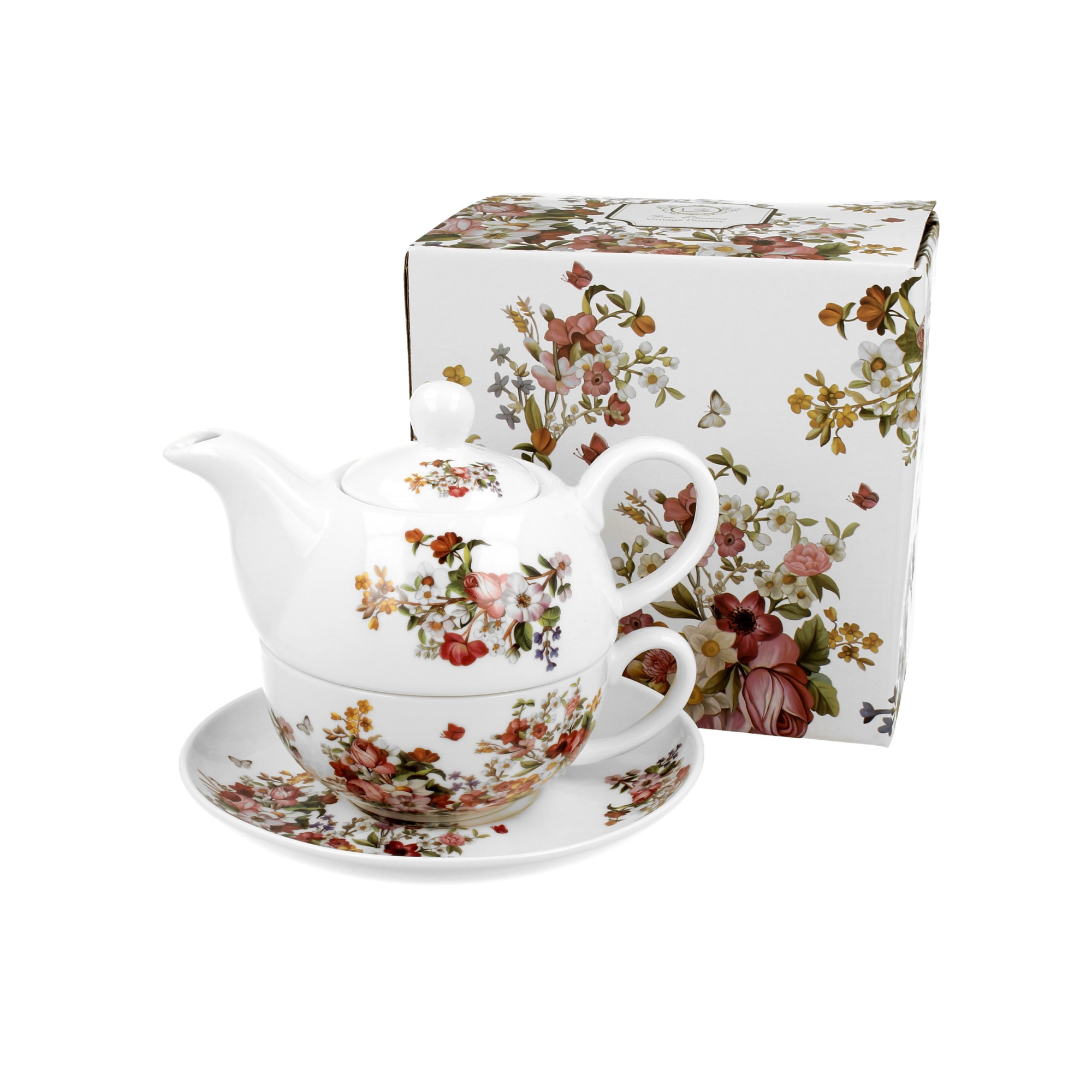 Set ceainic cu cana si farfurie, Vintage Flowers White, din portelan ...