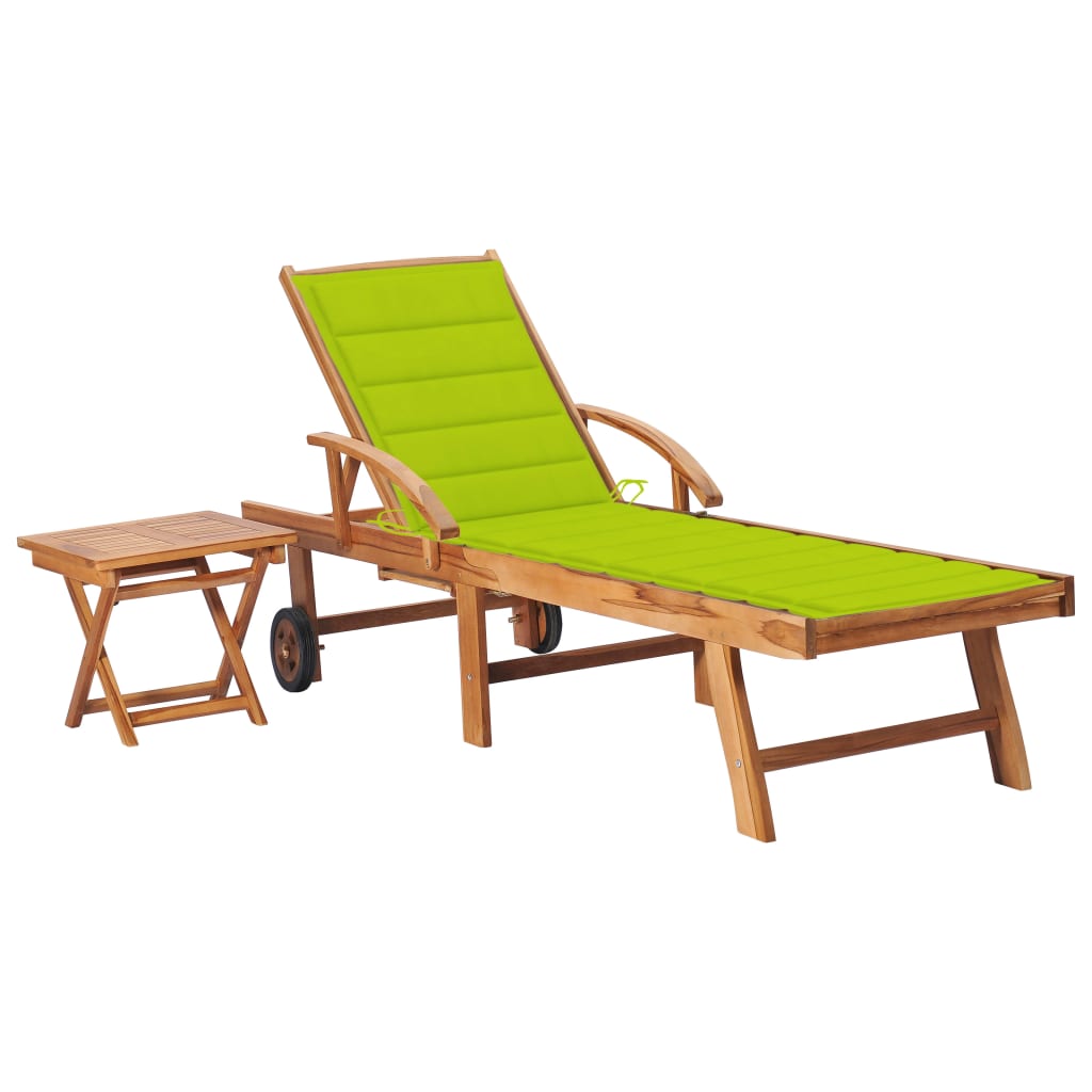 Set sezlong cu perna si masa, maro/verde lemn masiv de tec 3063032 195 ...