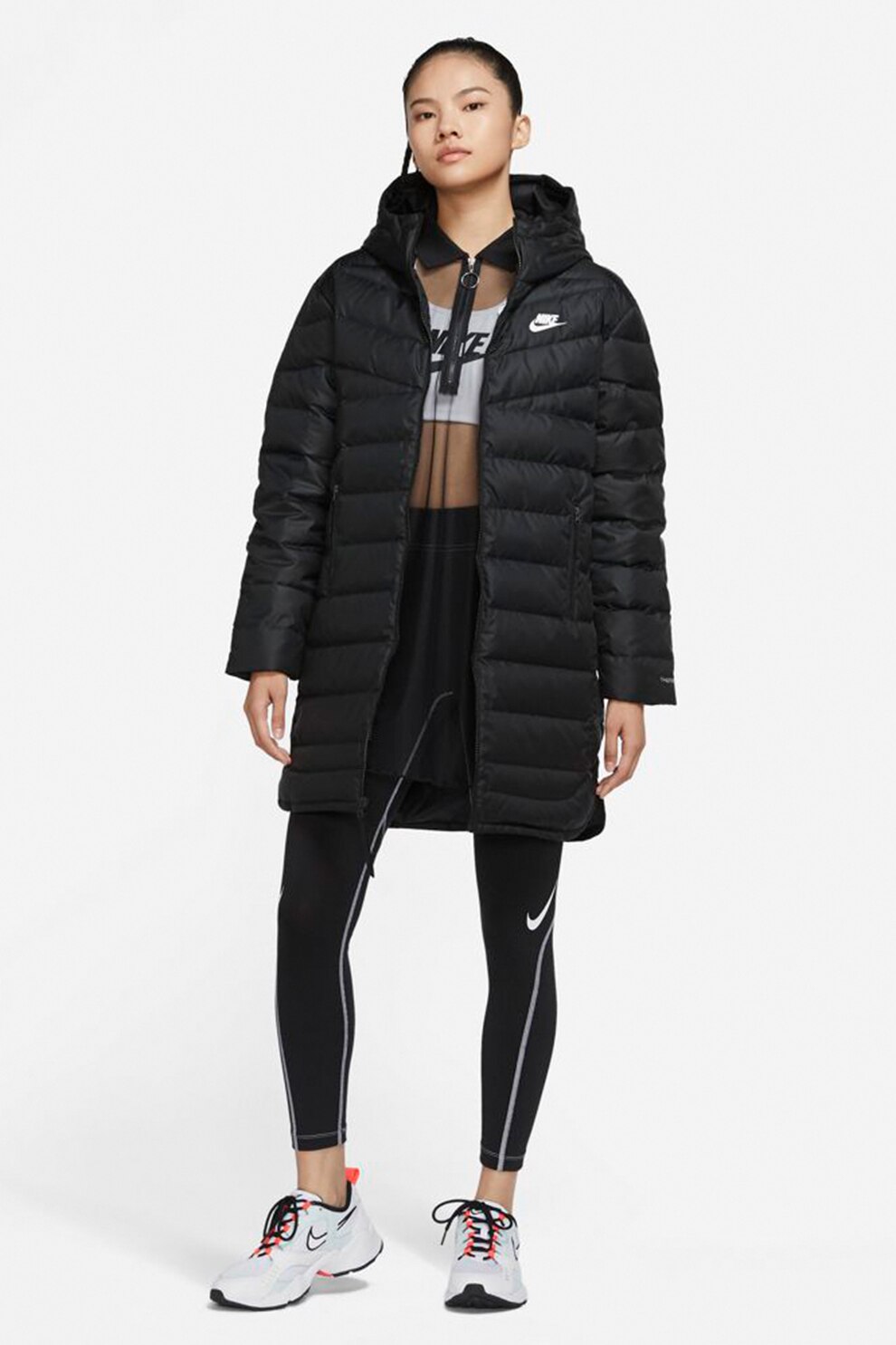 Nike, Geaca cu umplutura de puf si gluga Windrunner, Negru/Alb, L - eMAG.ro