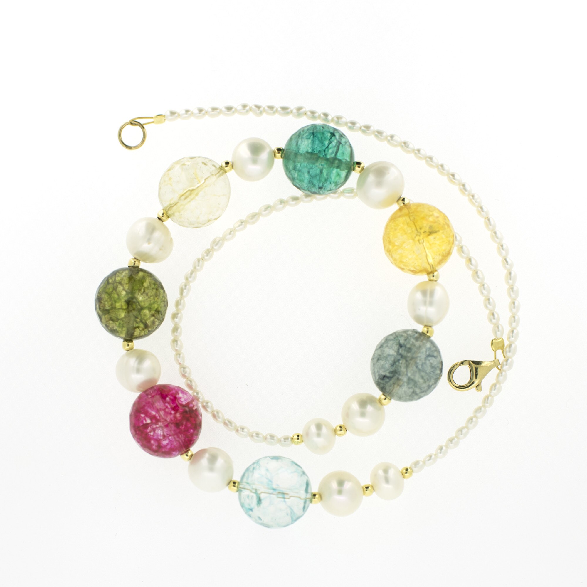 Colier perle apa dulce 2-9 mm, cristal de munte colorat fatetat 14 mm ...