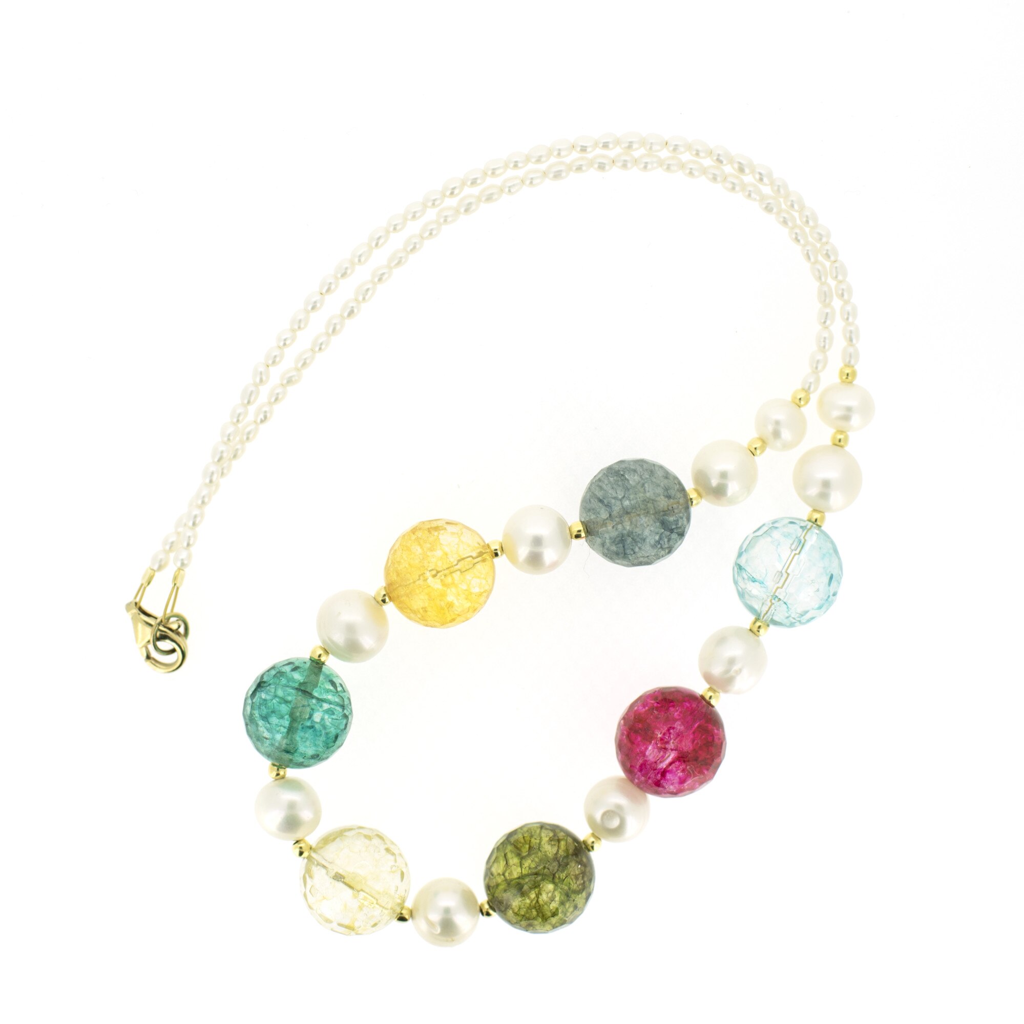 Colier perle apa dulce 2-9 mm, cristal de munte colorat fatetat 14 mm ...