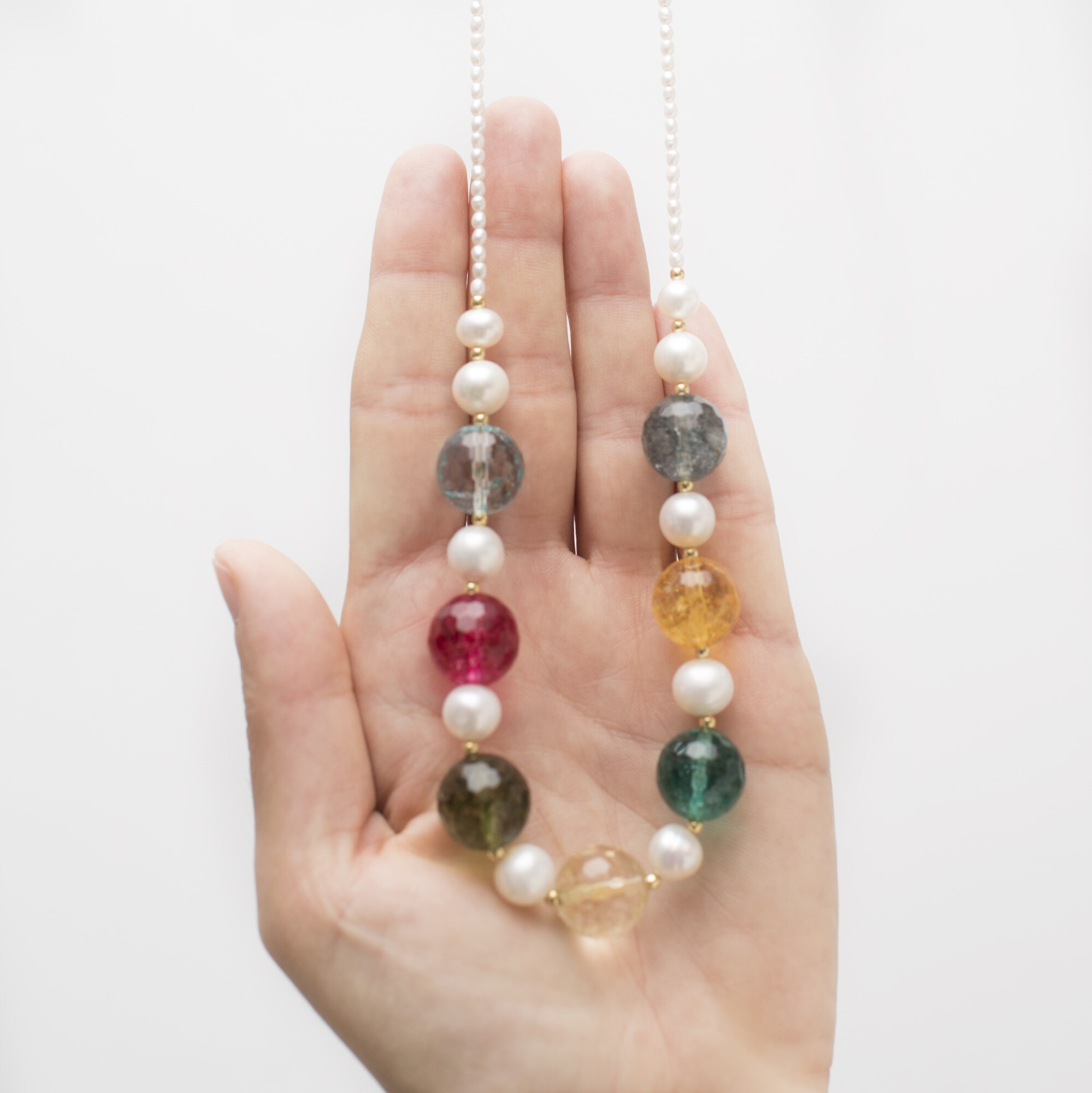 Colier perle apa dulce 2-9 mm, cristal de munte colorat fatetat 14 mm ...