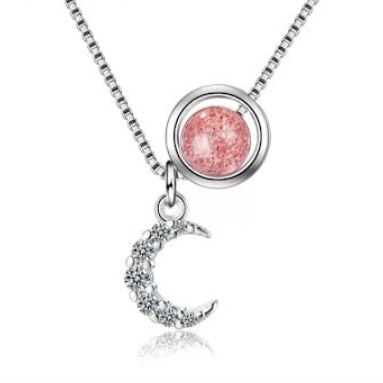 Lantisor cu semiluna, zirconiu, CRM, cu piatra cuart roz, 43 cm - eMAG.ro