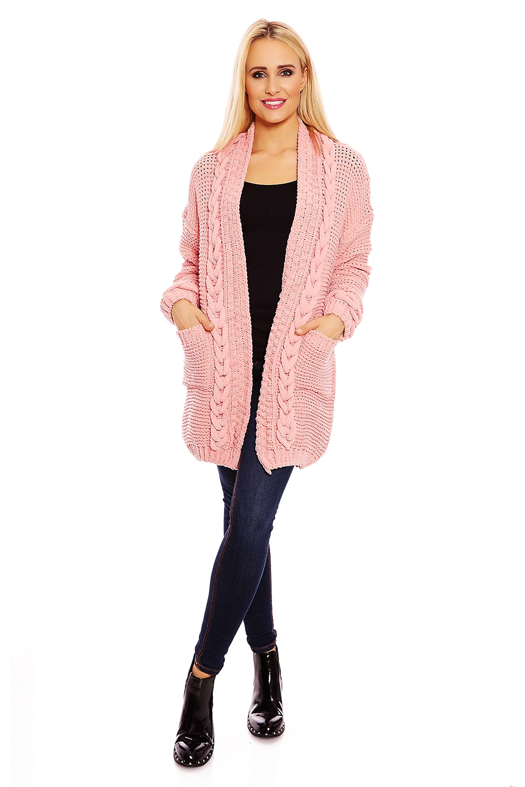 Cardigan calduros cu guler tricotat roz, marimea uni - eMAG.ro