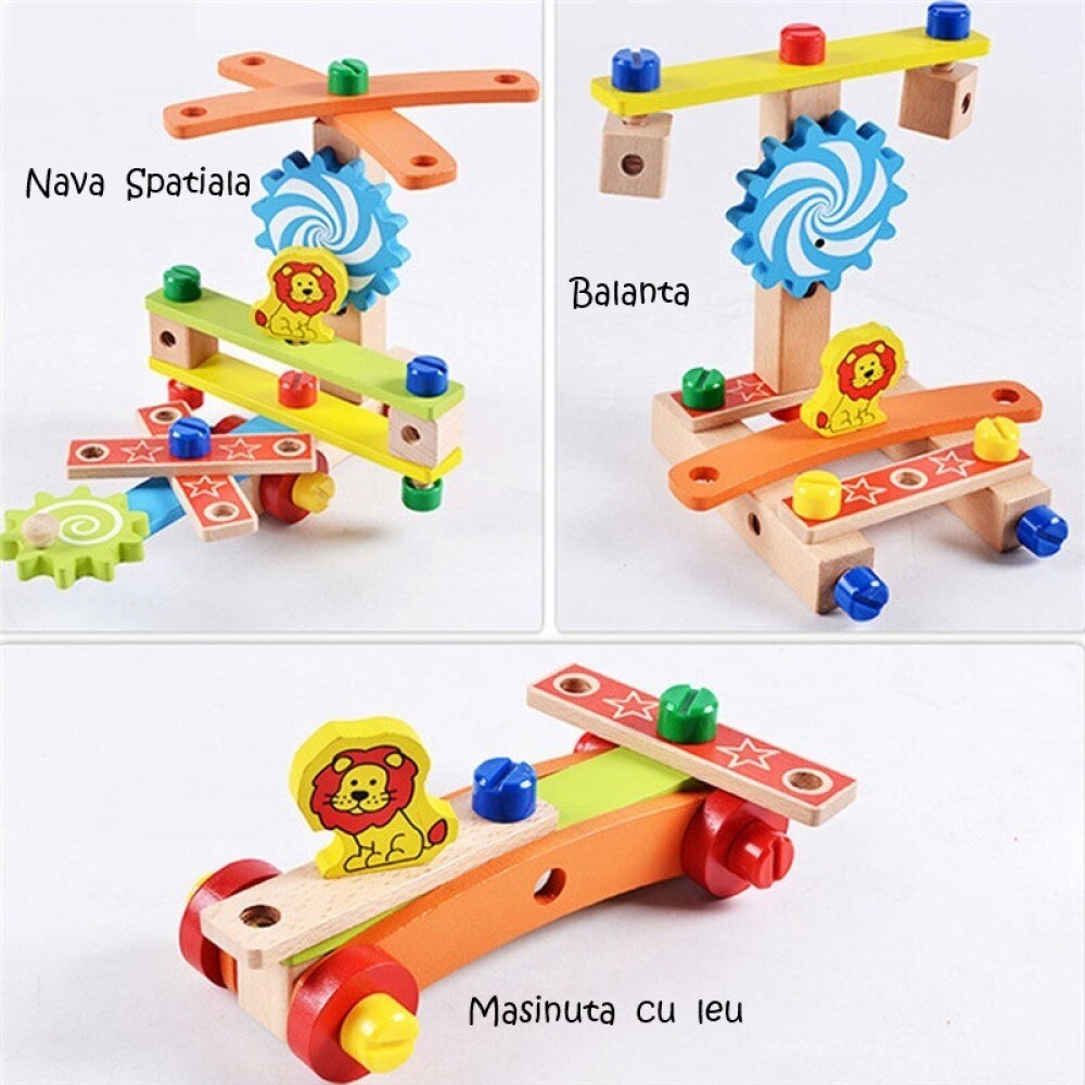Jucarie educativa pentru asamblat cu suruburi din lemn - scaun, avion ...