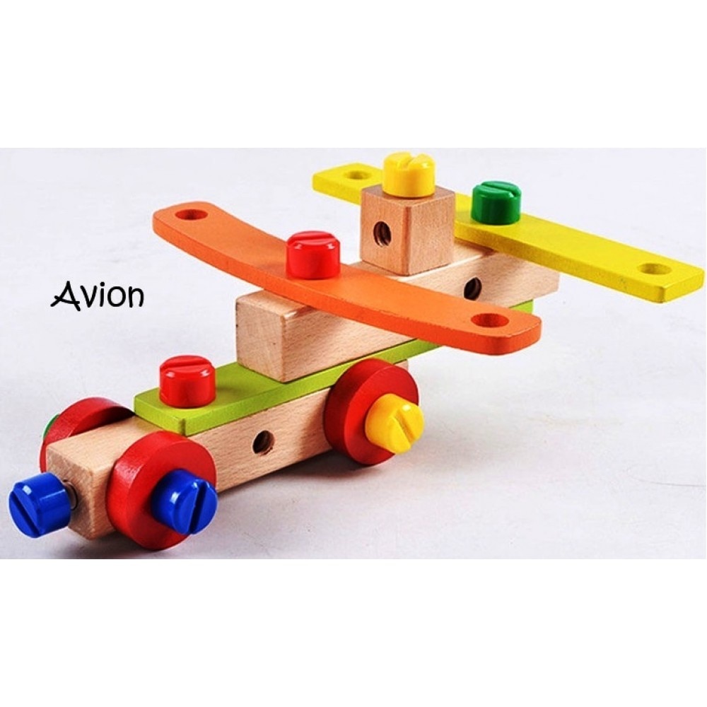 Jucarie educativa pentru asamblat cu suruburi din lemn - scaun, avion ...