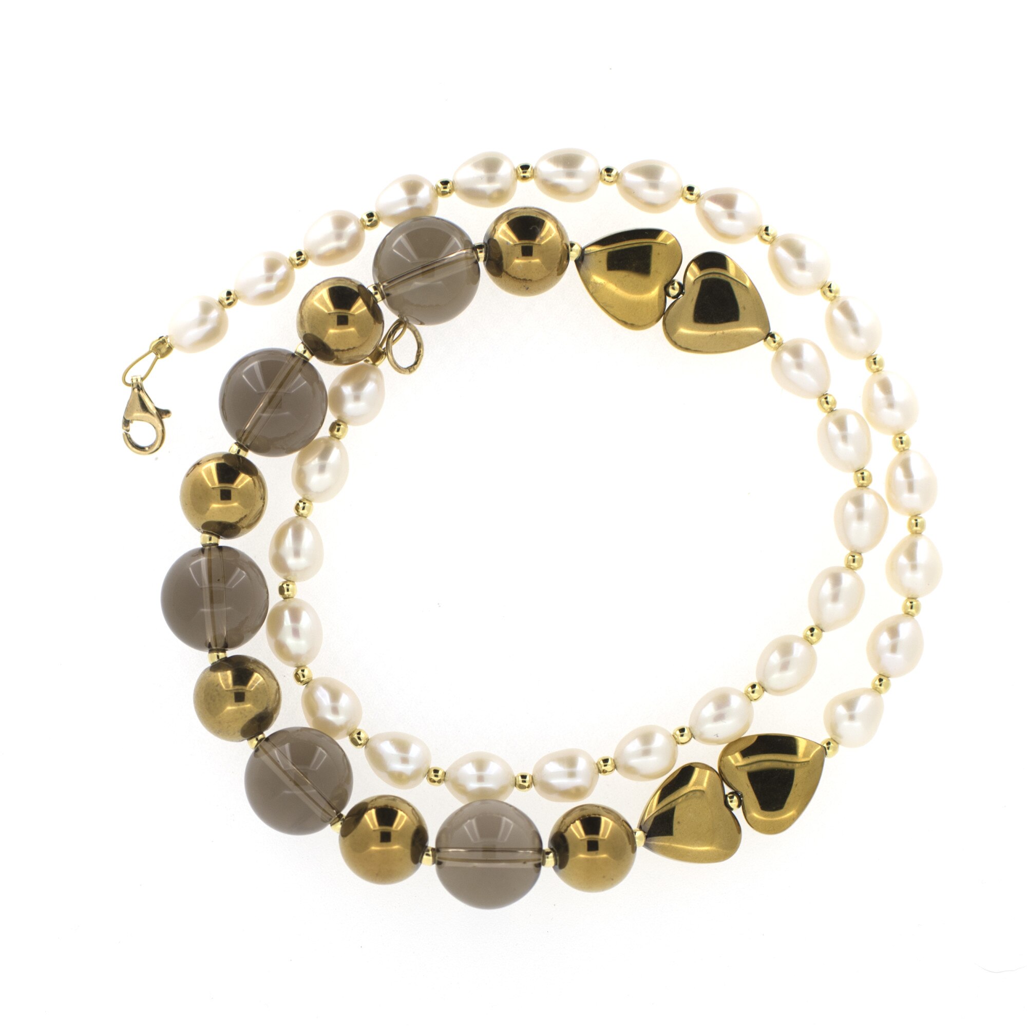 Colier cuart fumuriu 12 mm, hematit auriu colorat sfera si inima ...