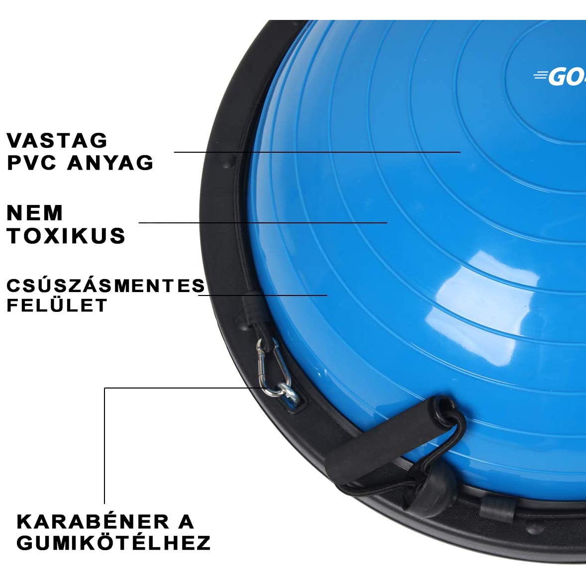 GO4FIT bosu, egyensúlyozó labda, kék színű, gumikötéllel és pumpával ...